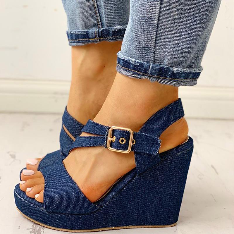 Denim Buckled Platform Wedge Sandals - Womens Fashion Online Shopping