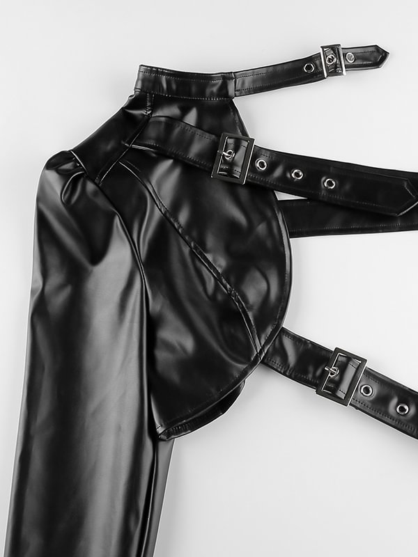 Gothic Dark Street One Shoulder Belt Solid PU Midriff