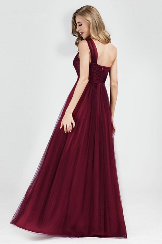 Stunning One Shoulder Burgundy Prom Dress Tulle Sequins Evening Party Gowns