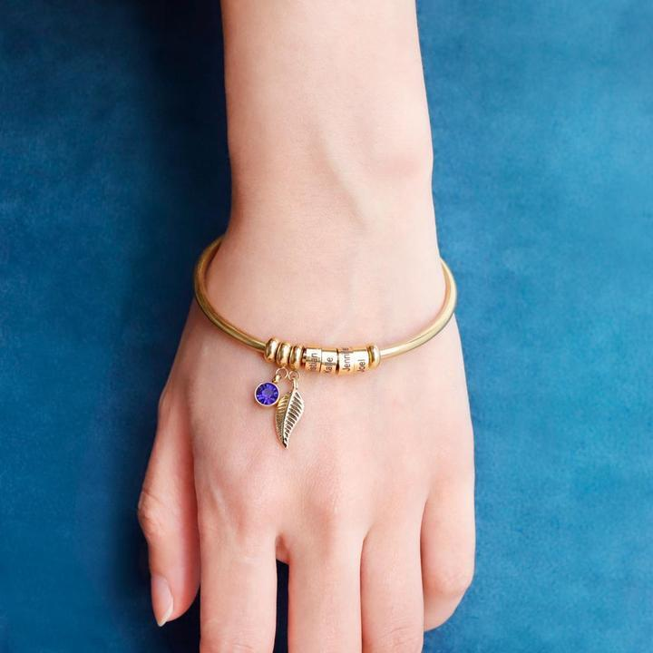 Bracelet jonc breloque feuille 3 prénom personnalisé
