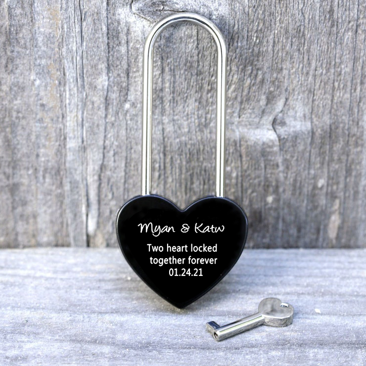 Heart Love Lock with Key Custom Names and Date Black Padlock Couple Gift