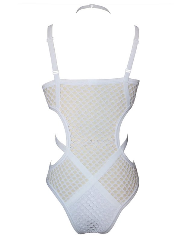 Black Sheer Knit Net Mesh Halter Bodysuit
