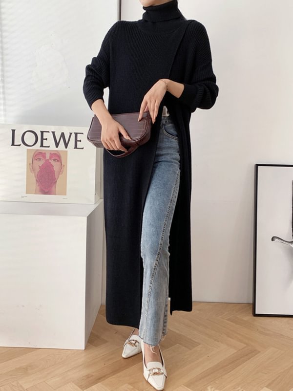 Original Loose Solid Color Split-Front Sweater Dress