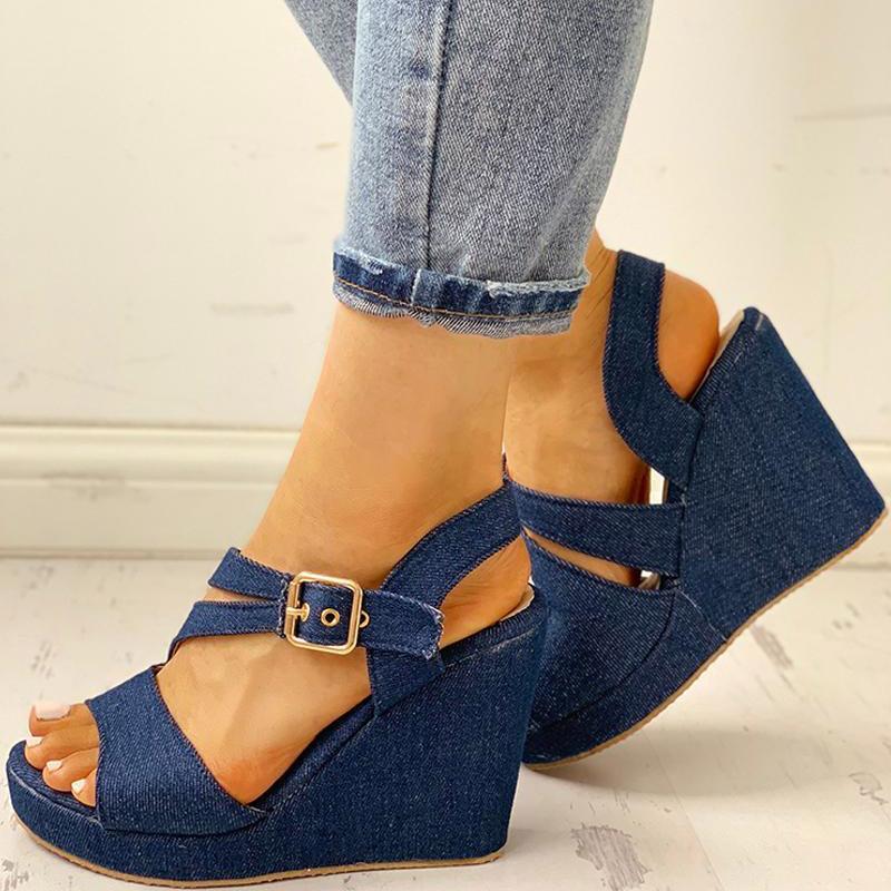 Denim Buckled Platform Wedge Sandals - Womens Fashion Online Shopping